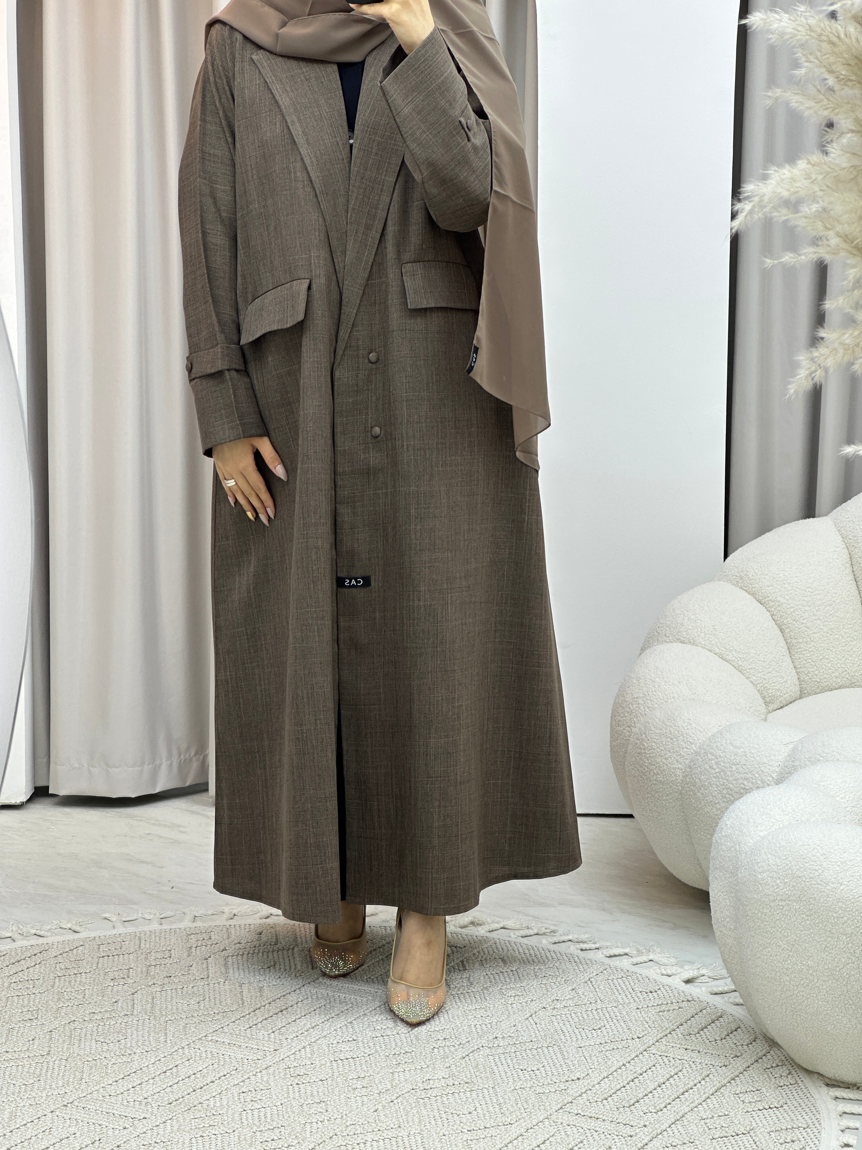 C Linen Brown Winter Coat Abaya – Crystal Abaya Studio