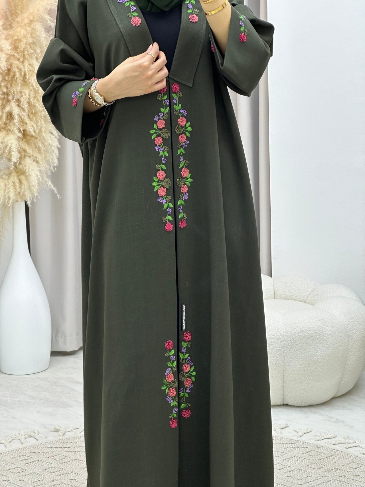 C 0141 Olive Embroidery Abaya | CAS Luxury Dubai Abaya – CAS Abaya