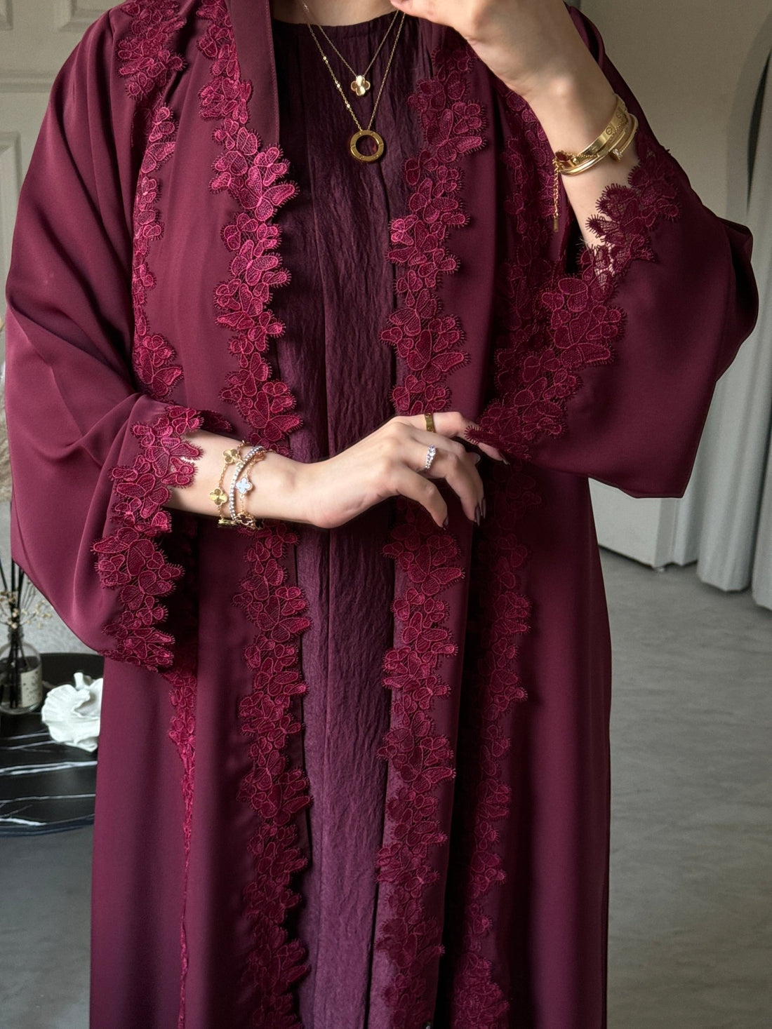 C 0775-01 Burgundy Butterfly Lace Abaya – Crystal Abaya Studio