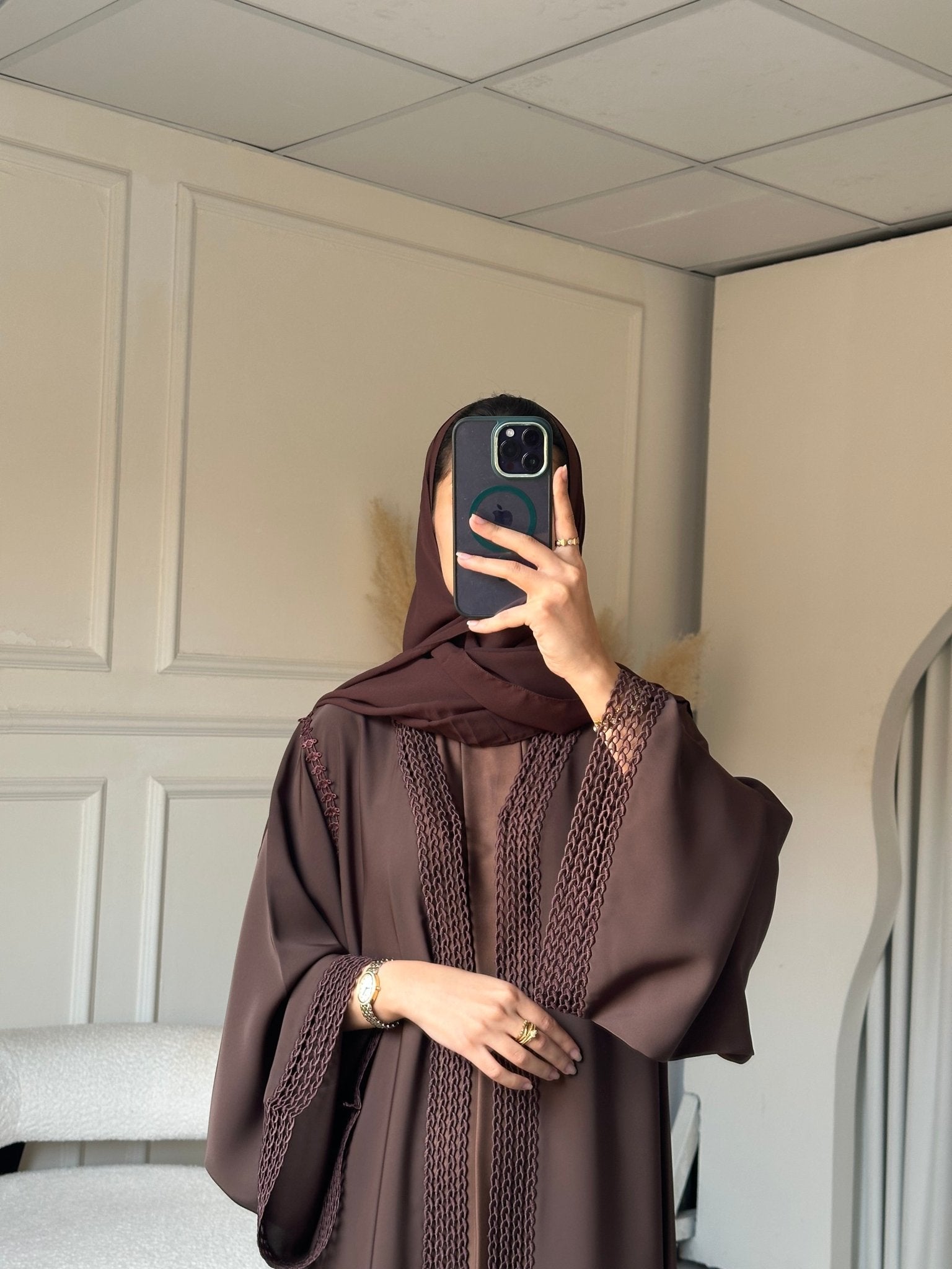 C 0822 Dark Brown Lace Abaya – Crystal Abaya Studio