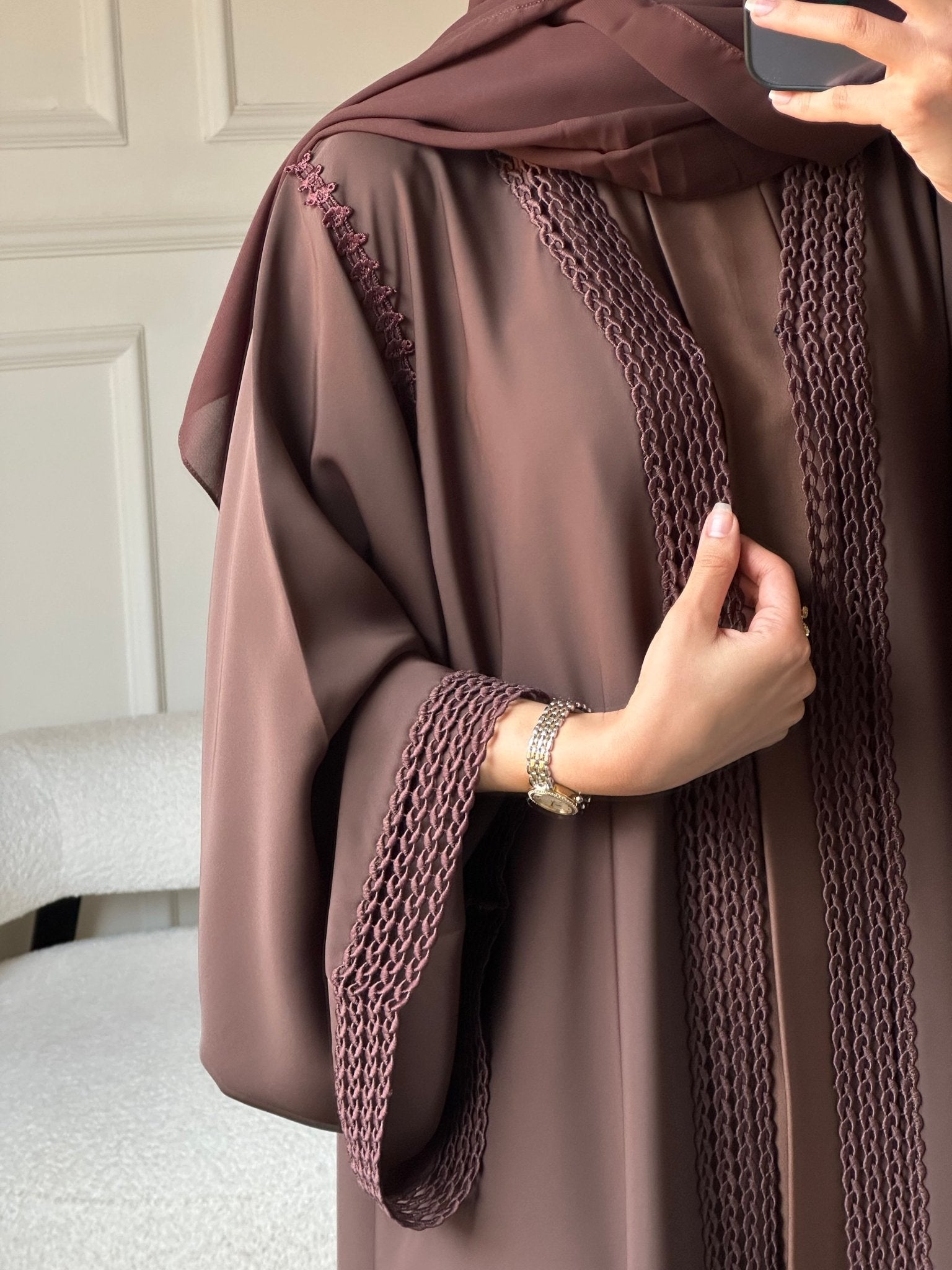 C 0822 Dark Brown Lace Abaya – Crystal Abaya Studio