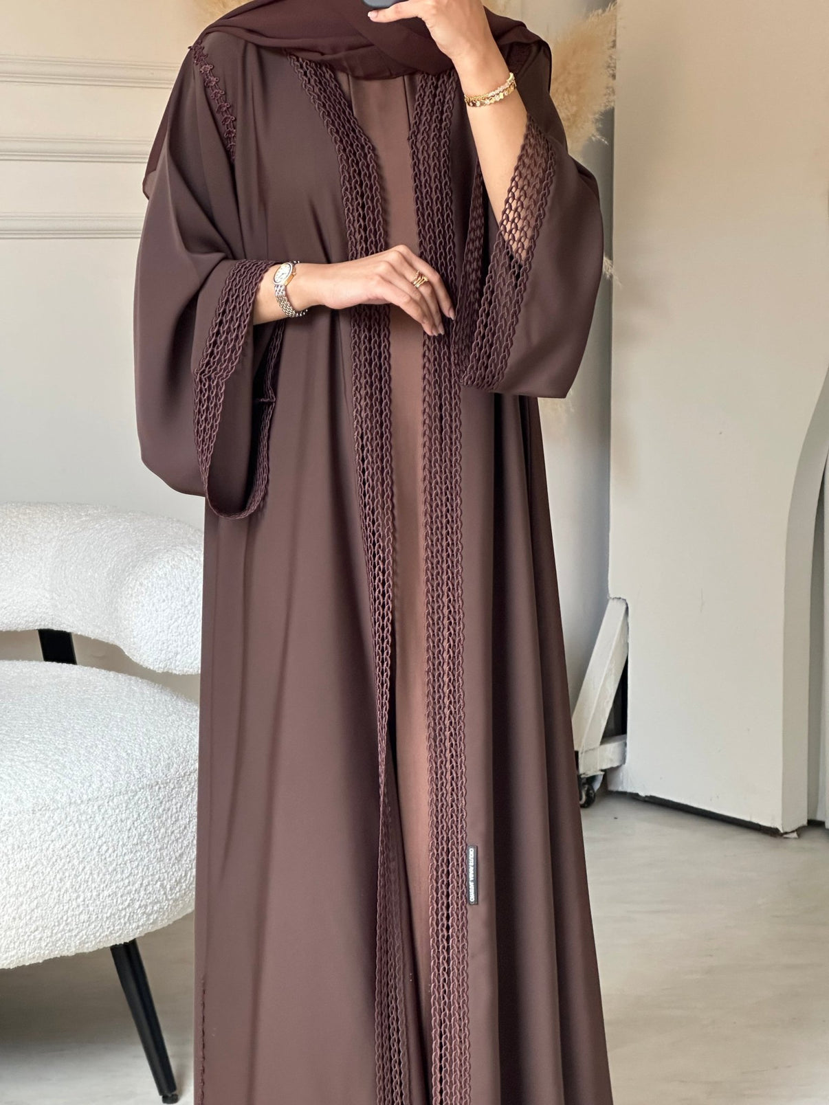 C 0822 Dark Brown Lace Abaya – Crystal Abaya Studio