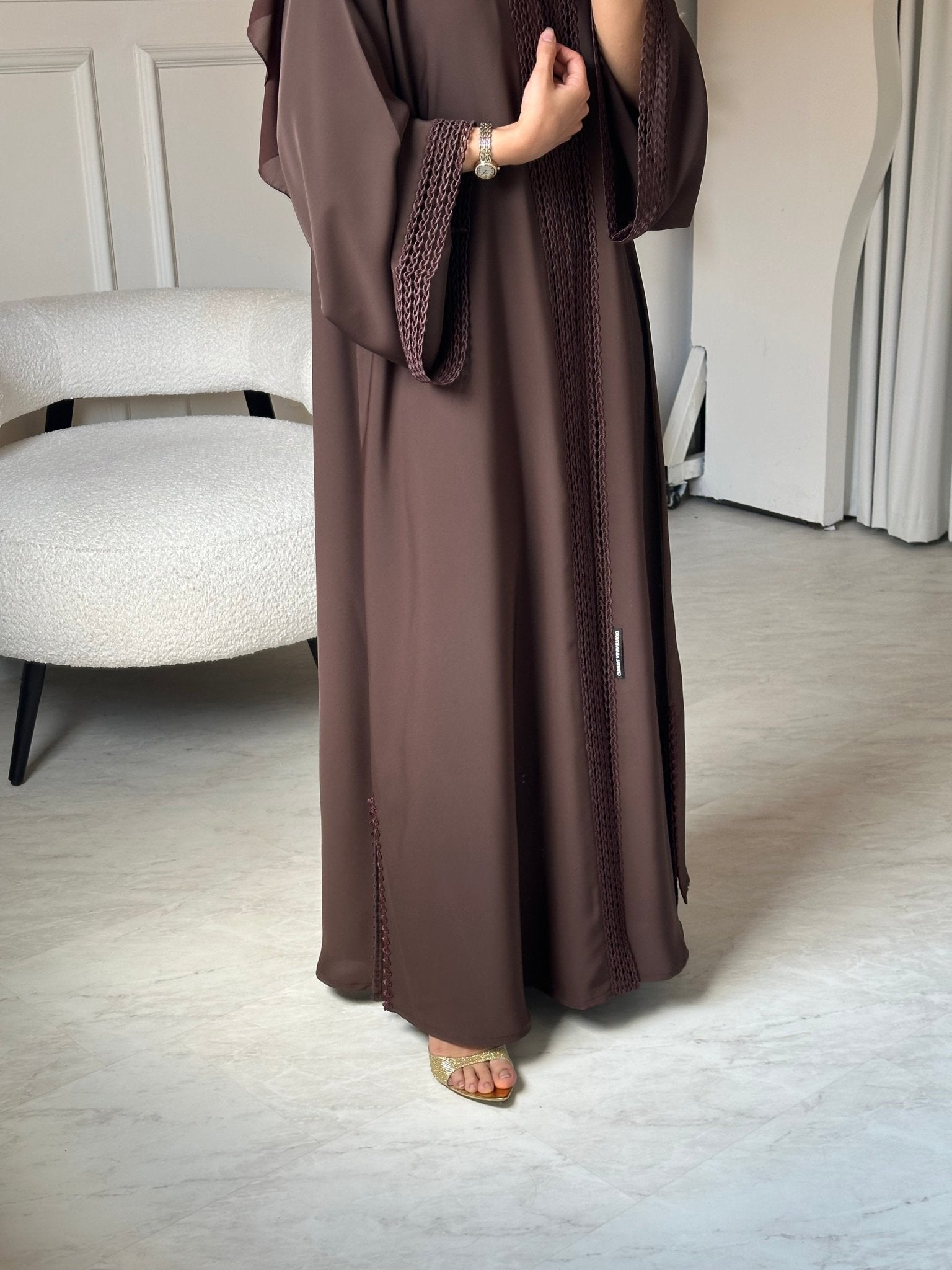 C 0822 Dark Brown Lace Abaya – Crystal Abaya Studio