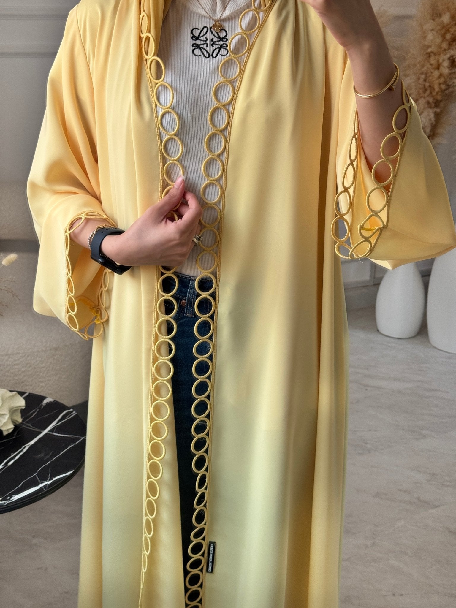 C 1131 Butter Yellow Lace Abaya – Crystal Abaya Studio