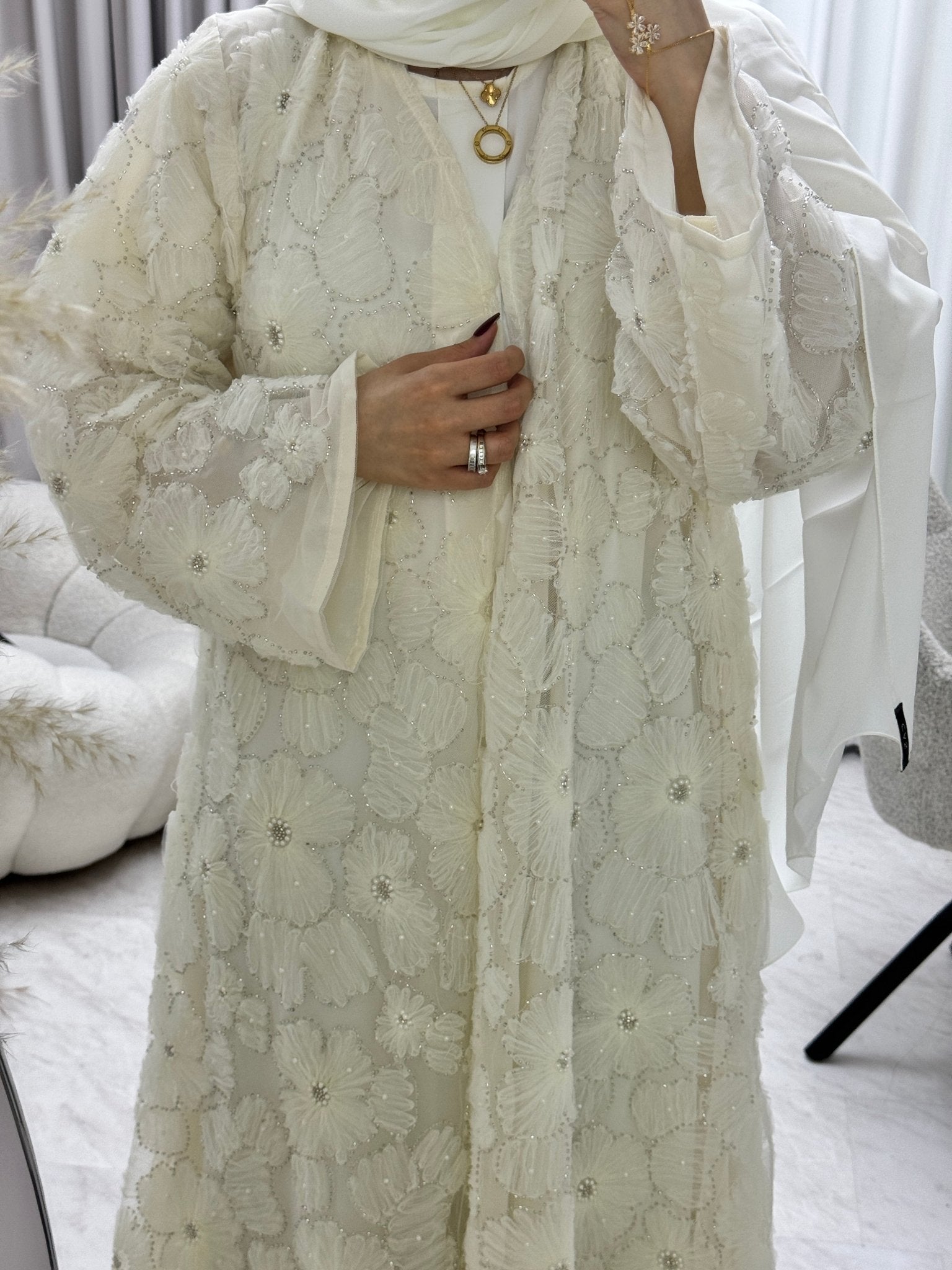 C 1289-04 Warm White Beaded Dantel Beaded Abaya | CAS Abaya