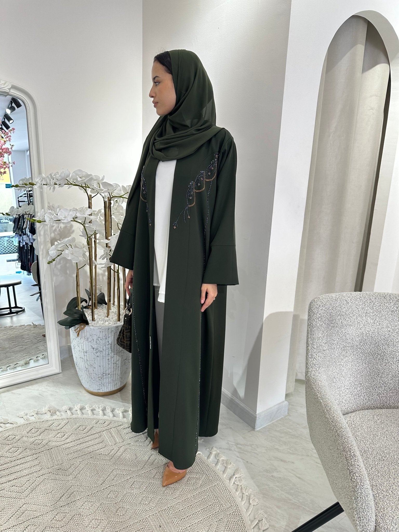 C Dark Green Beaded Eid Abaya – Crystal Abaya Studio