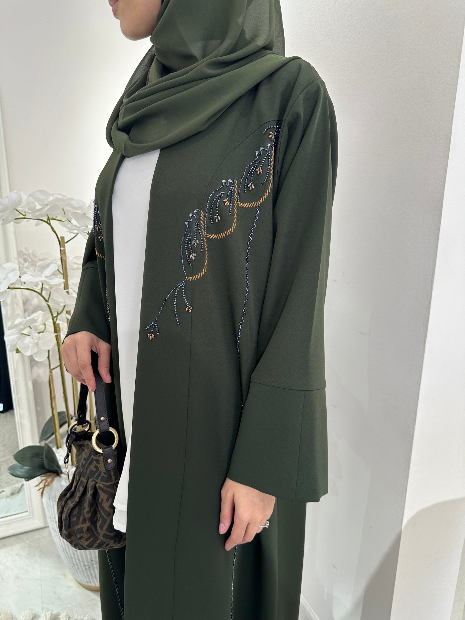 C Dark Green Beaded Eid Abaya – Crystal Abaya Studio