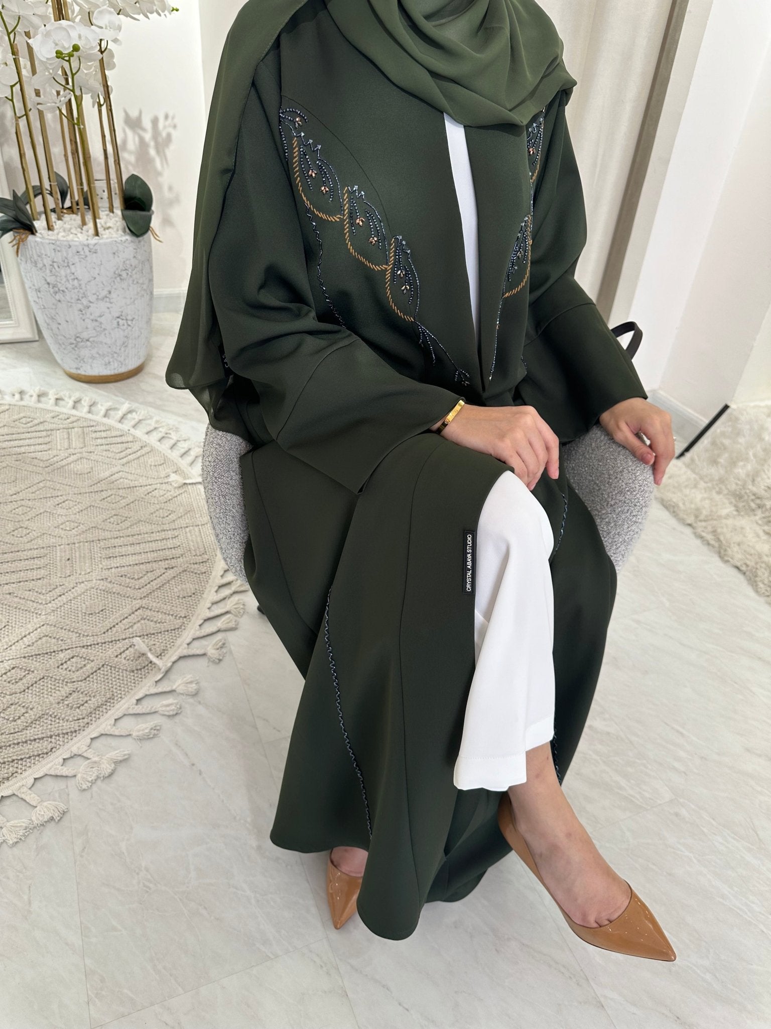 C Dark Green Beaded Eid Abaya – Crystal Abaya Studio