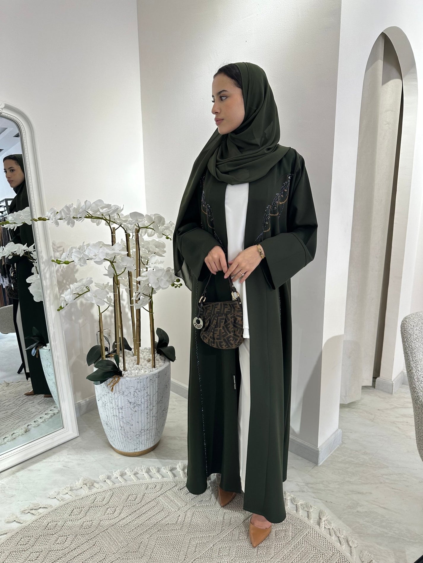 C Dark Green Beaded Eid Abaya – Crystal Abaya Studio