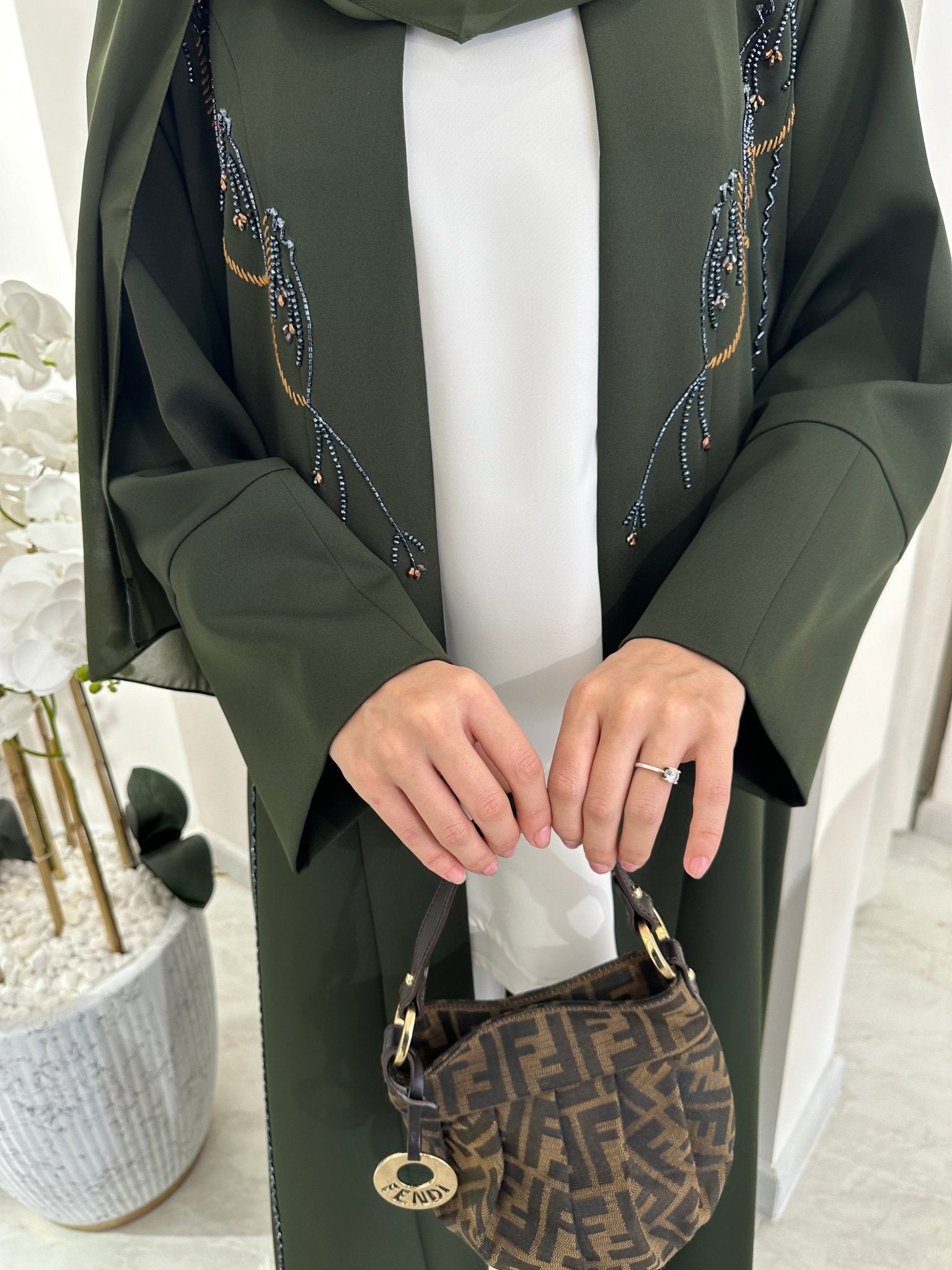 C Dark Green Beaded Eid Abaya – Crystal Abaya Studio