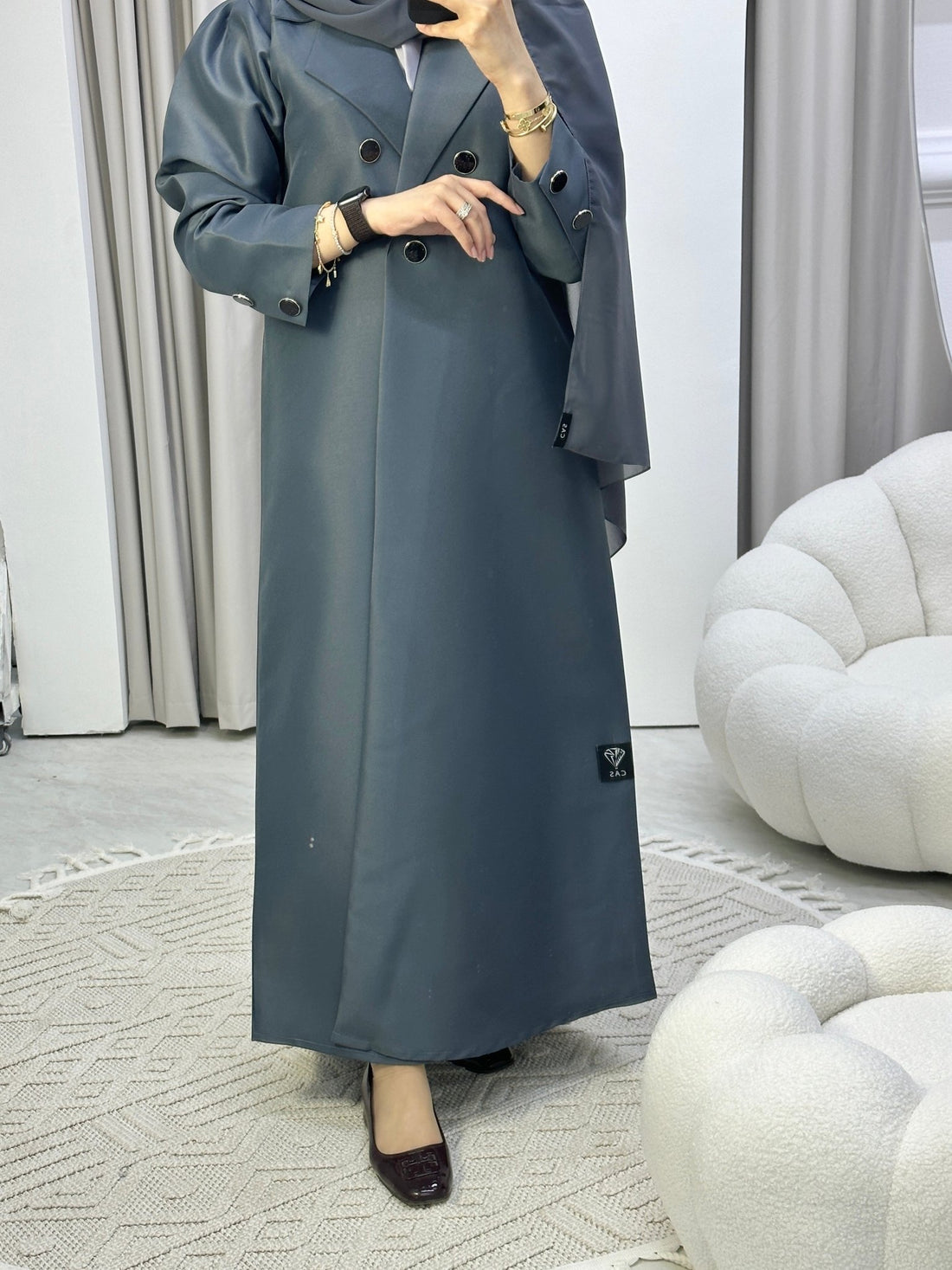 C Grey Satin Coat Abaya Set – Crystal Abaya Studio