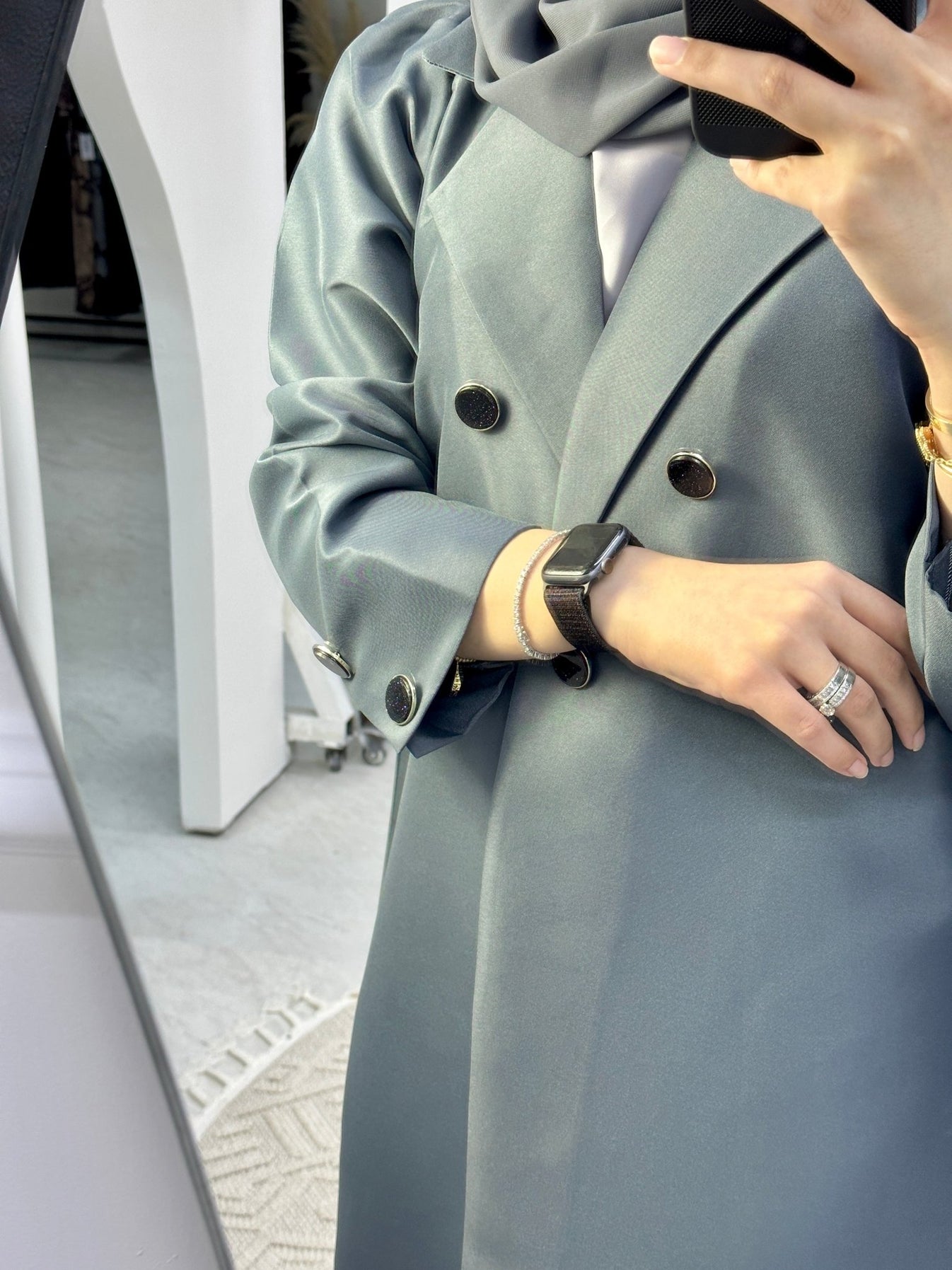 C Grey Satin Coat Abaya Set – Crystal Abaya Studio