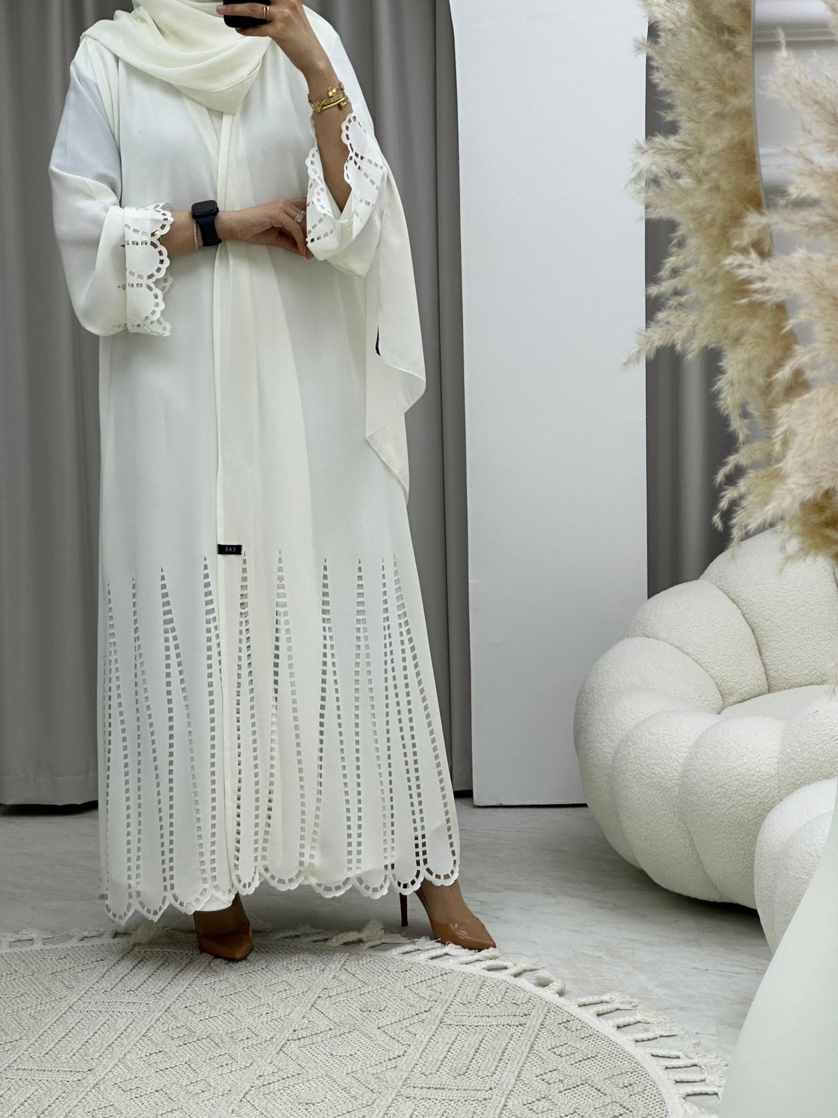 C Laser Cut White Abaya – Crystal Abaya Studio