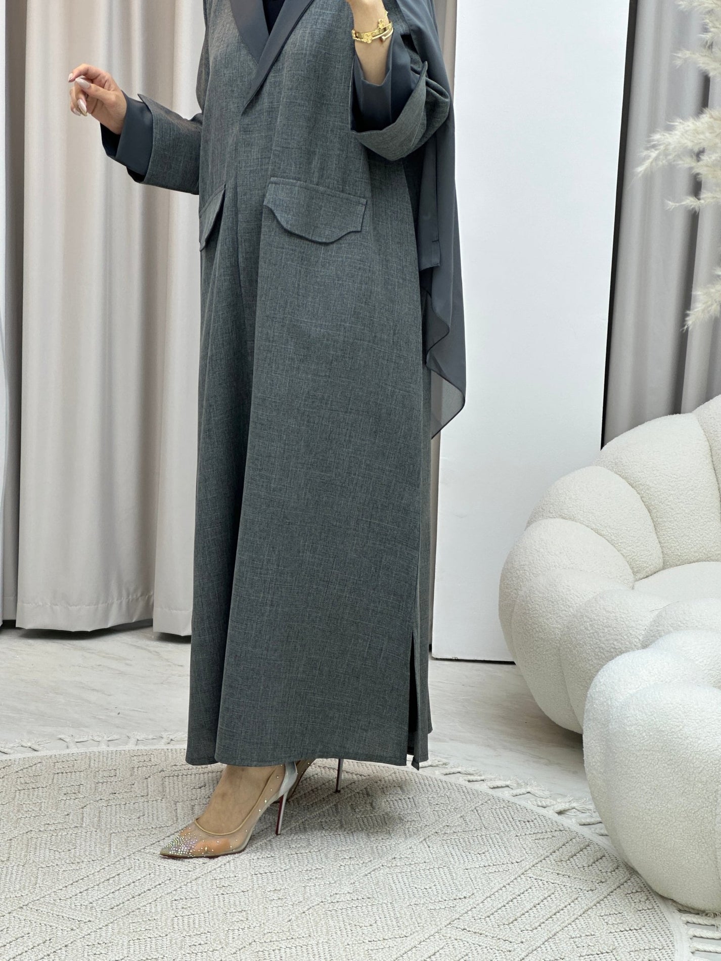 C Linen Grey Winter Coat Abaya – Crystal Abaya Studio