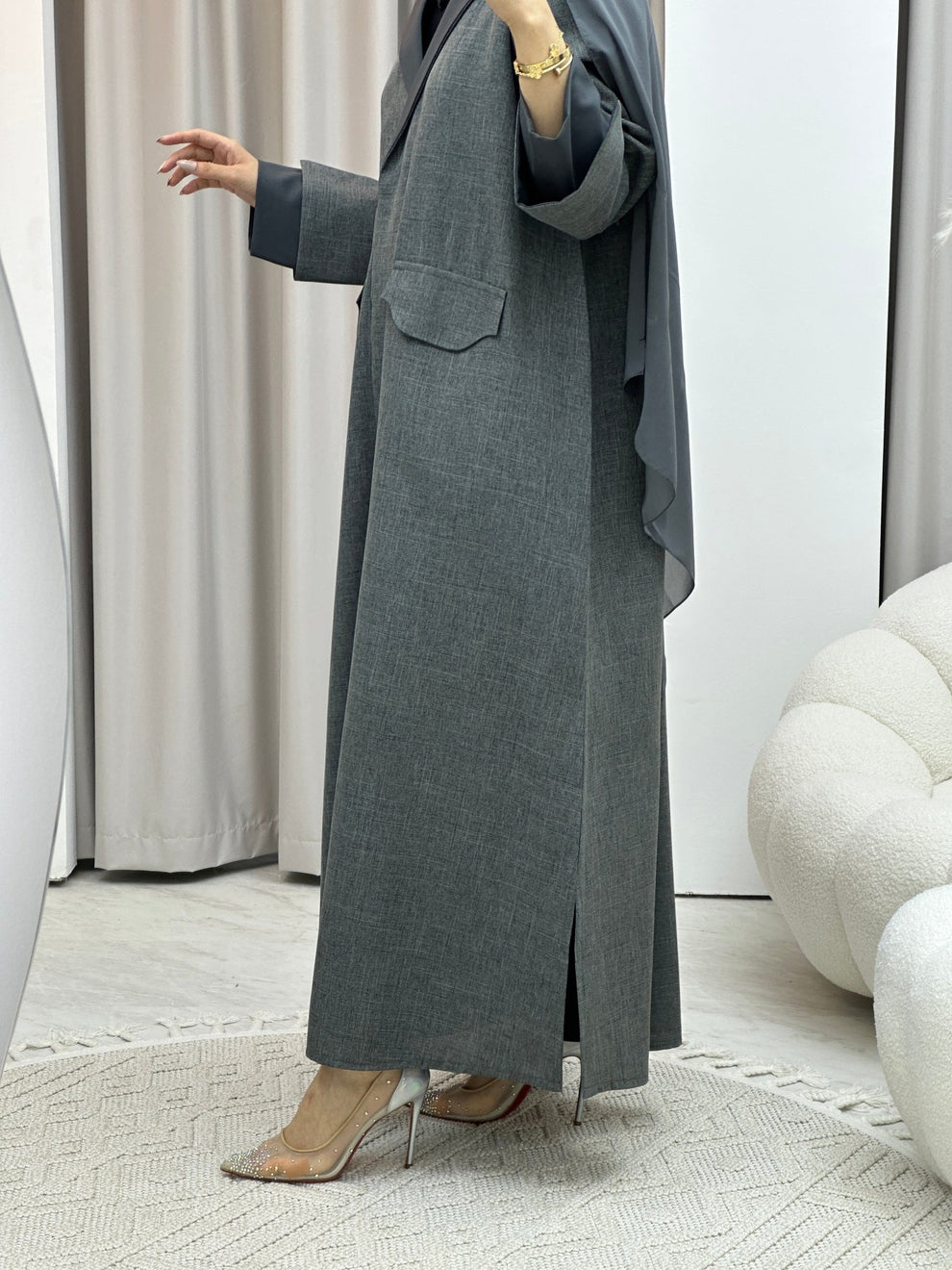 C Linen Grey Winter Coat Abaya – Crystal Abaya Studio