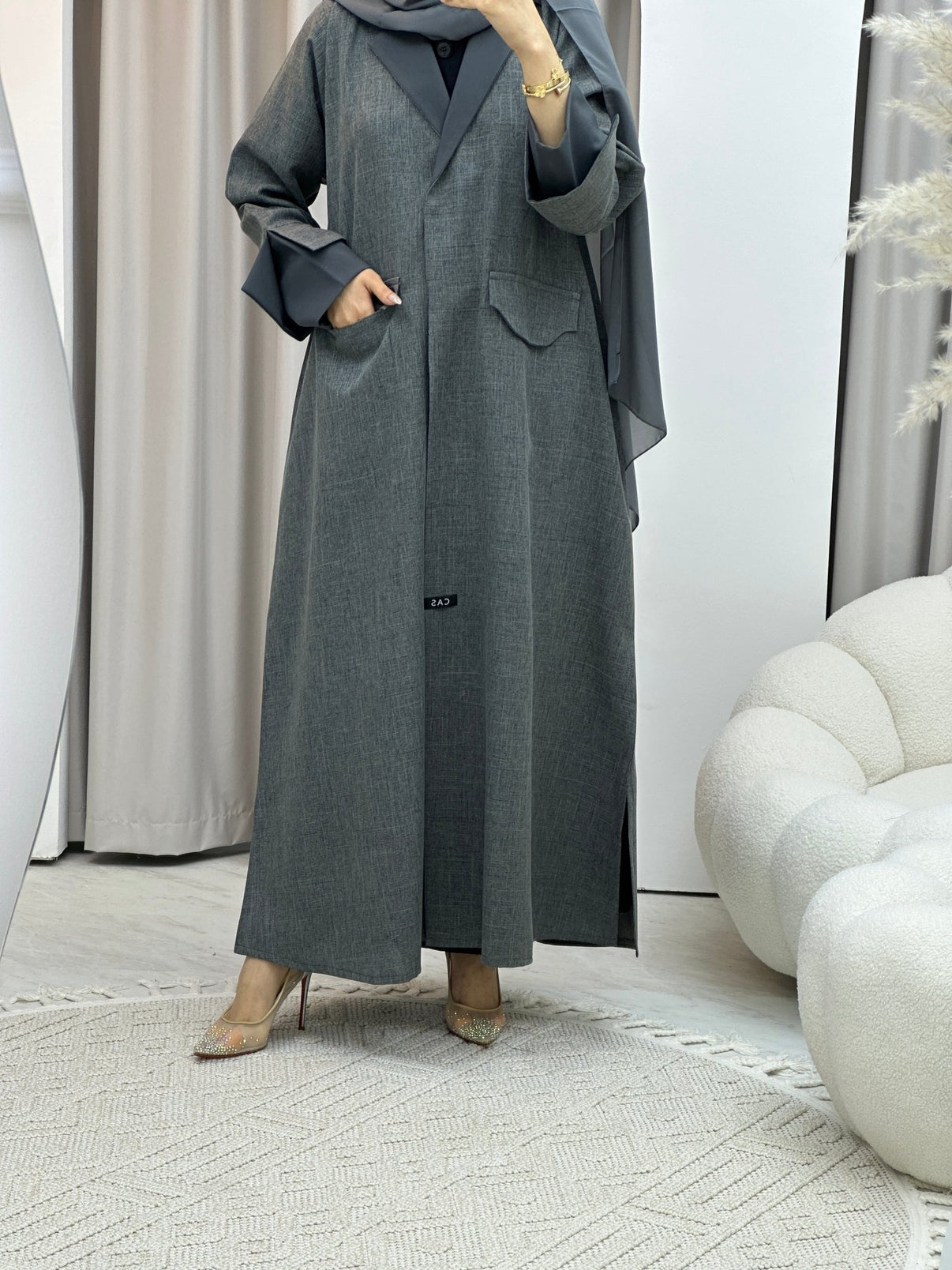 C Linen Grey Winter Coat Abaya – Crystal Abaya Studio