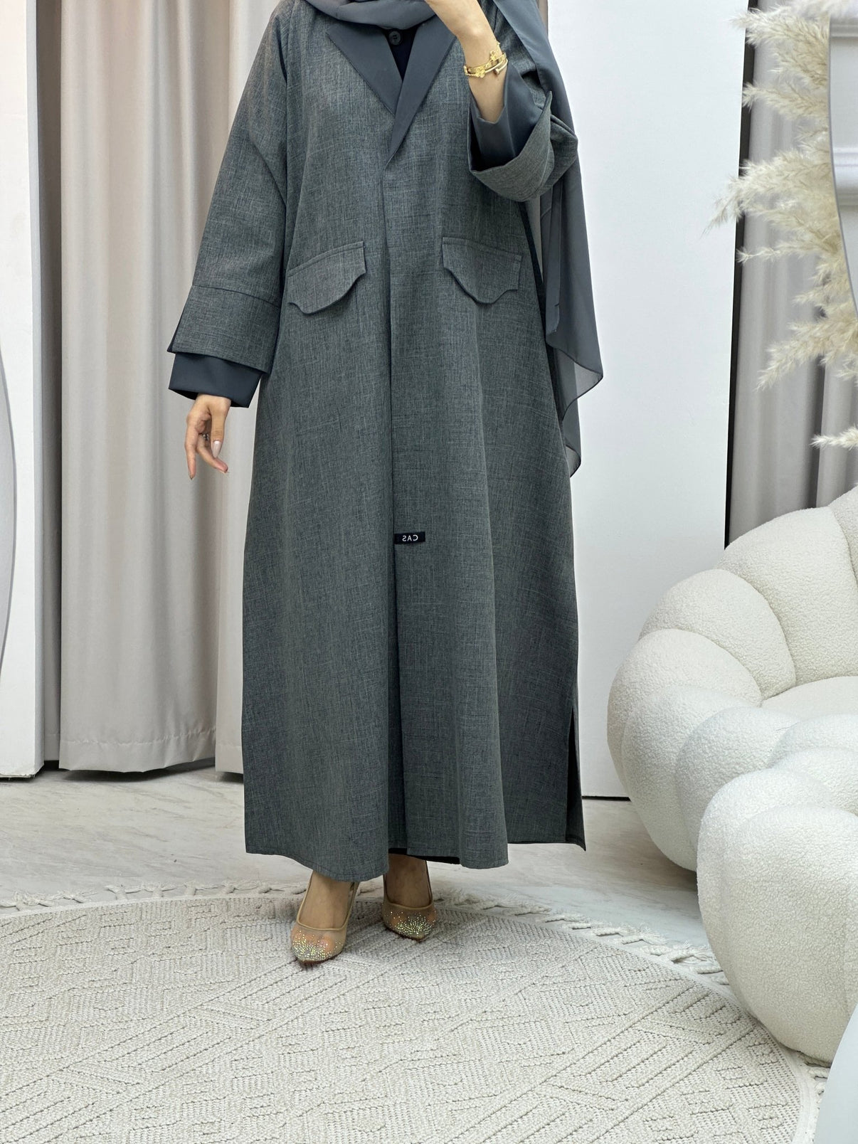 C Linen Grey Winter Coat Abaya – Crystal Abaya Studio