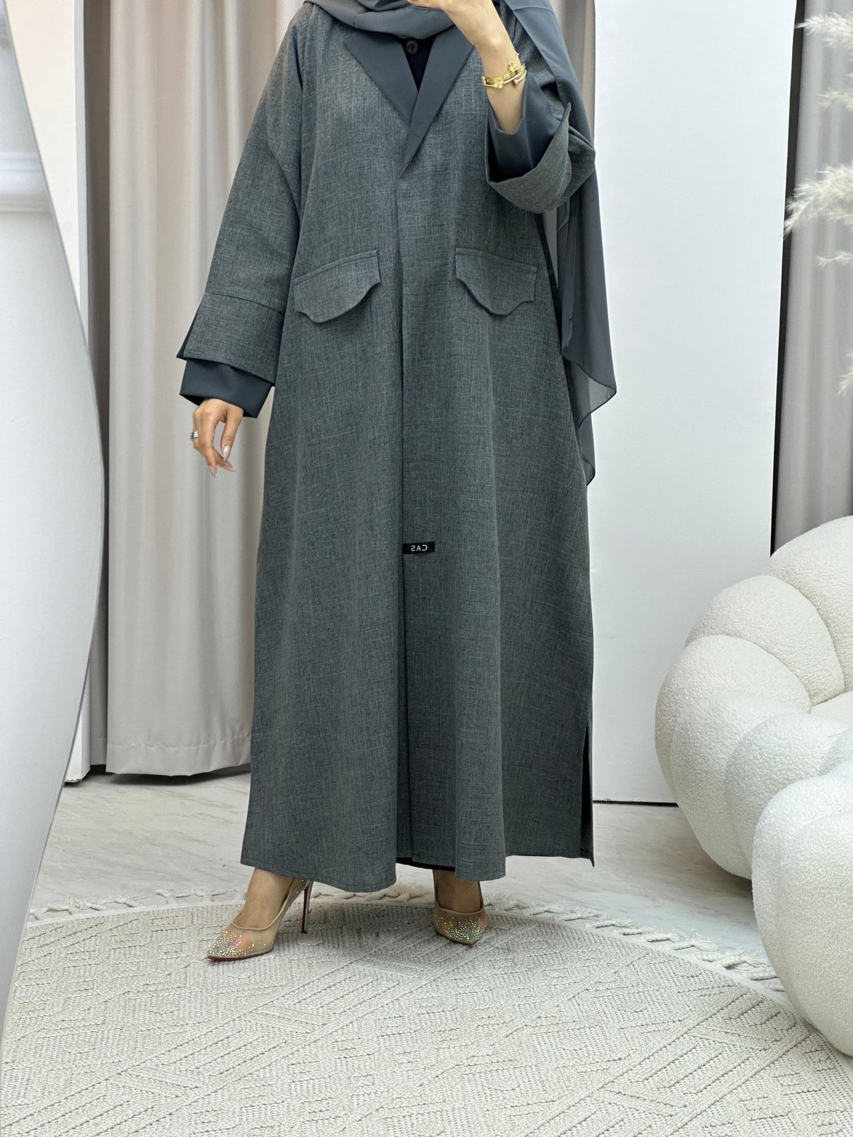 C Linen Grey Winter Coat Abaya – Crystal Abaya Studio