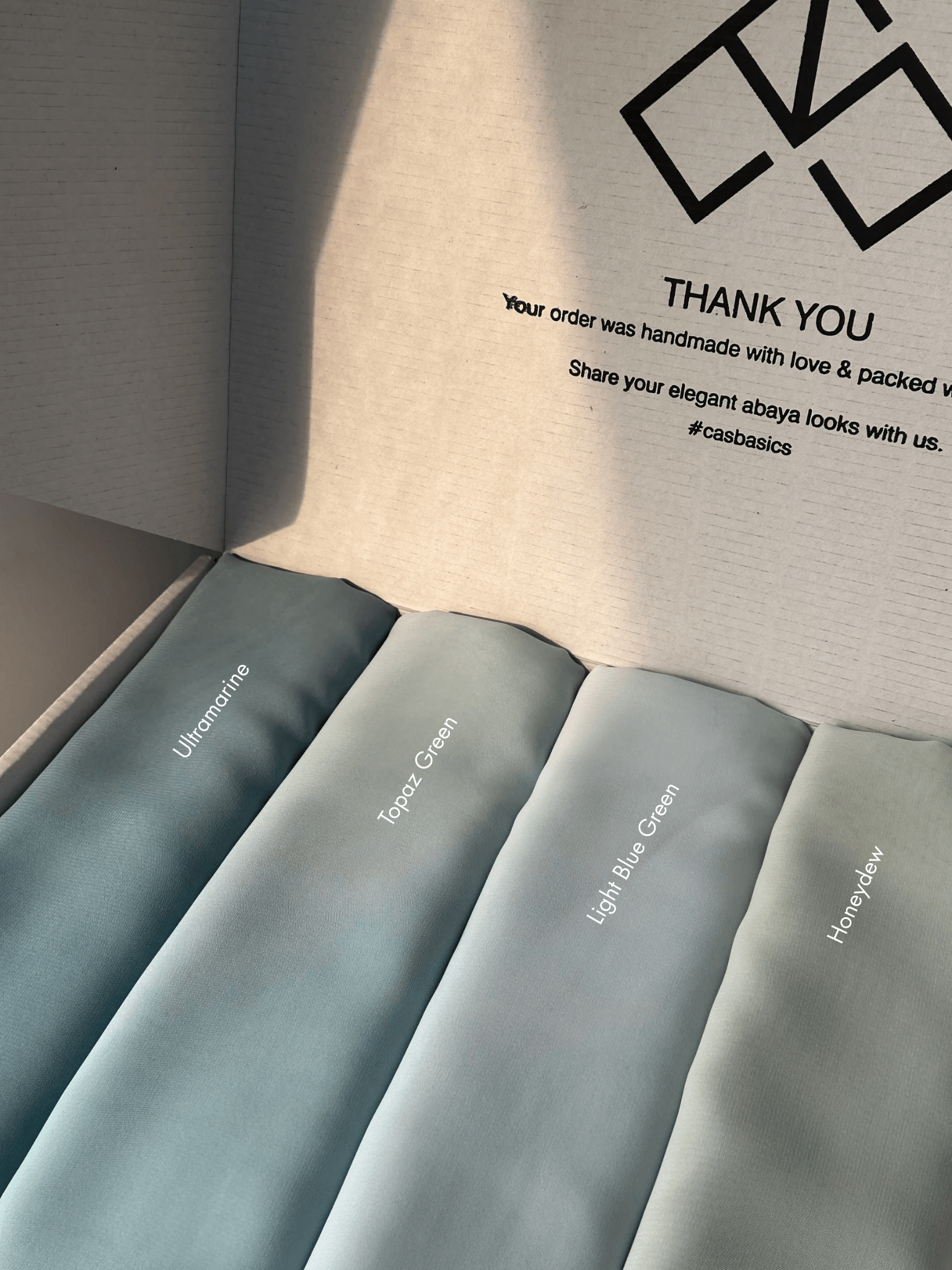 Ocean Sheila Box – Premium Duja Allail Fabric Set of 4 Sheilas – CAS Abaya