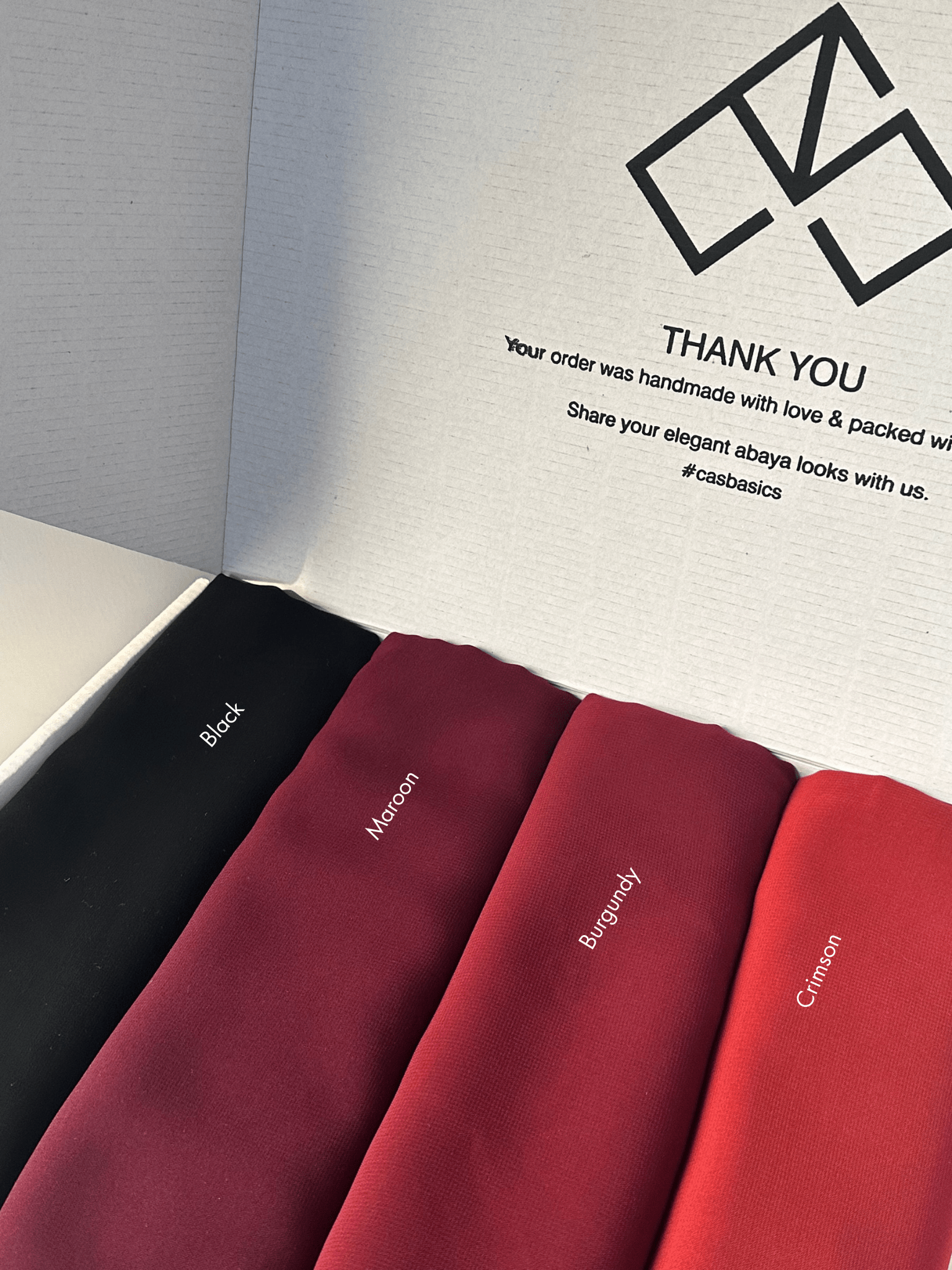 Red Sheila Box – Premium Duja Allail Fabric Set of 4 Sheilas – CAS Abaya
