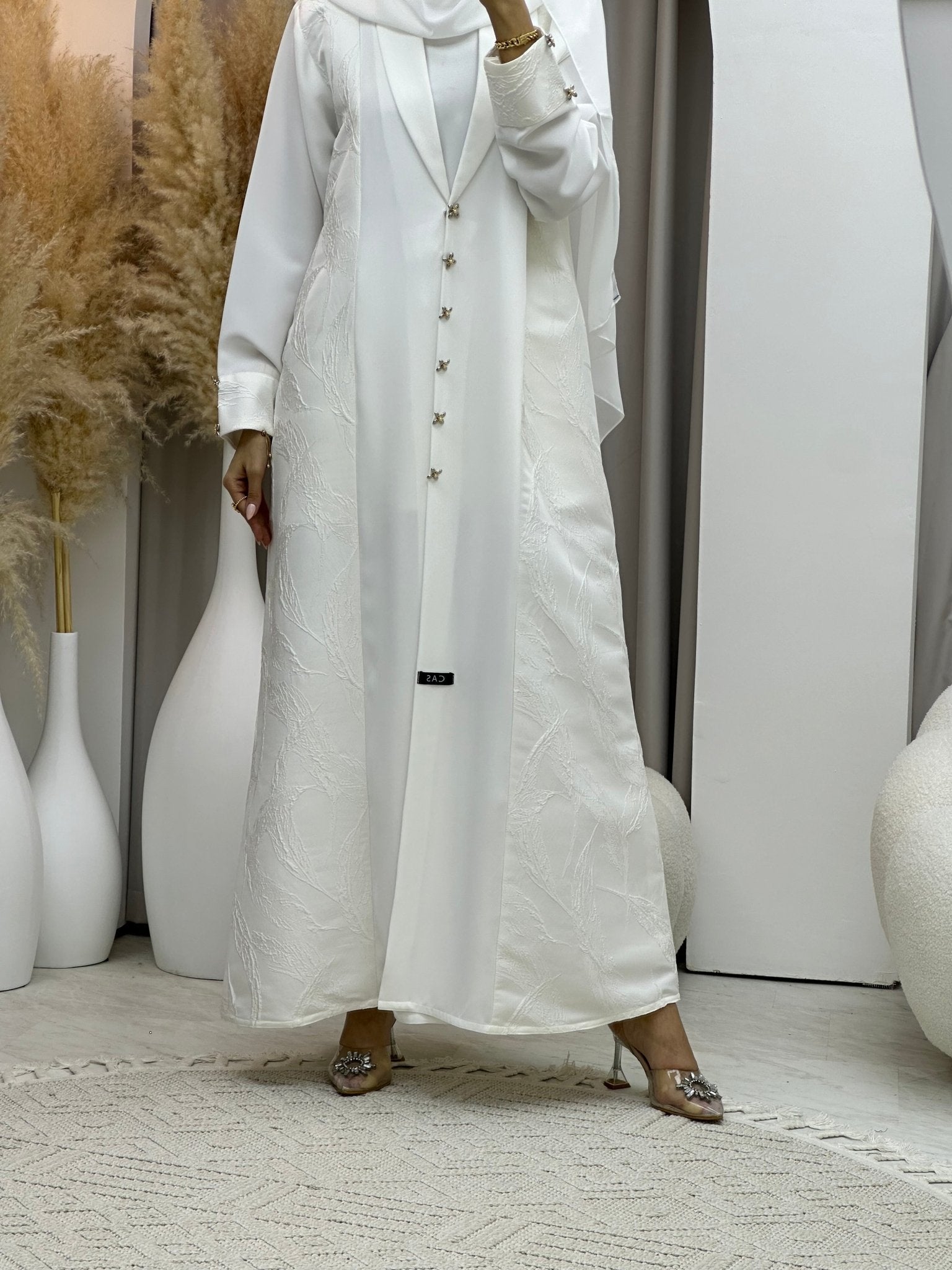C RTW 0076 White Jacquard Abaya – CAS Abaya